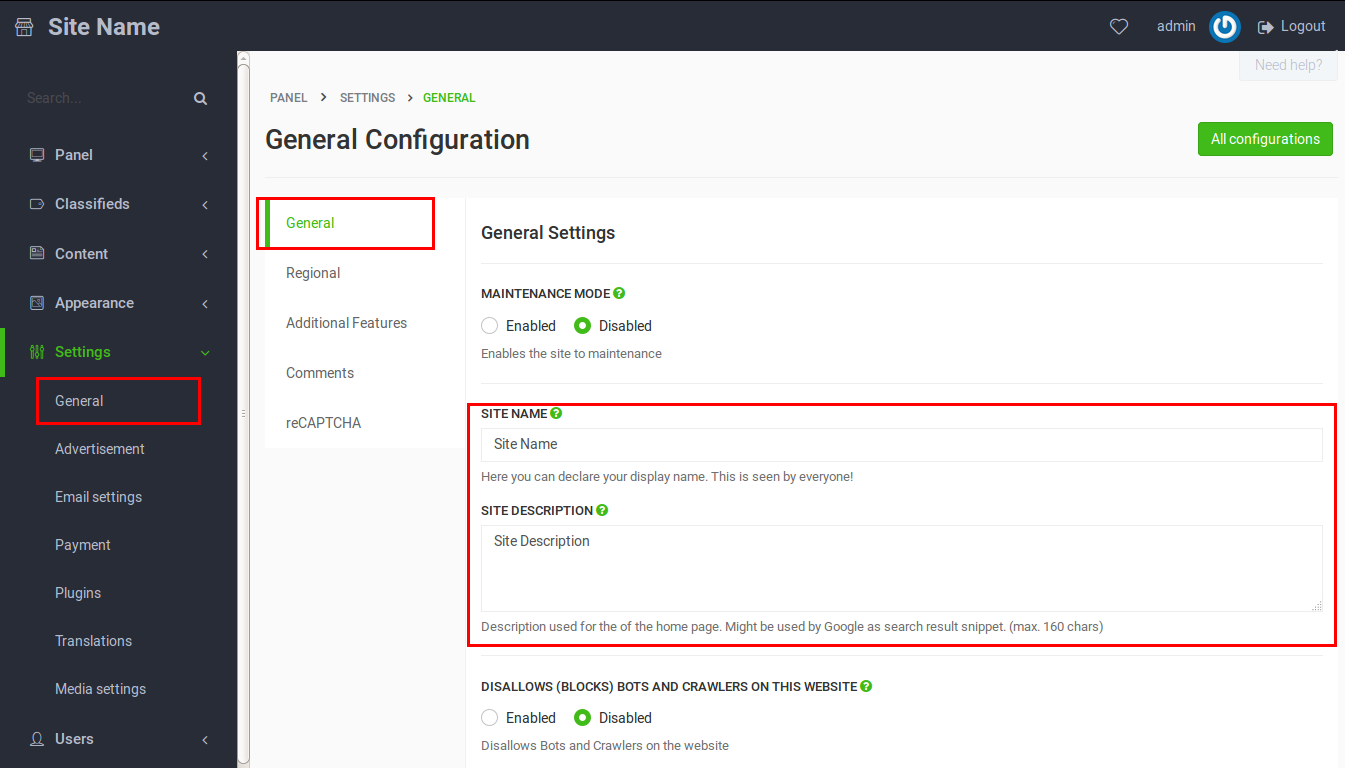 How To Change The Site Name And Site Description Documentation For Yclas